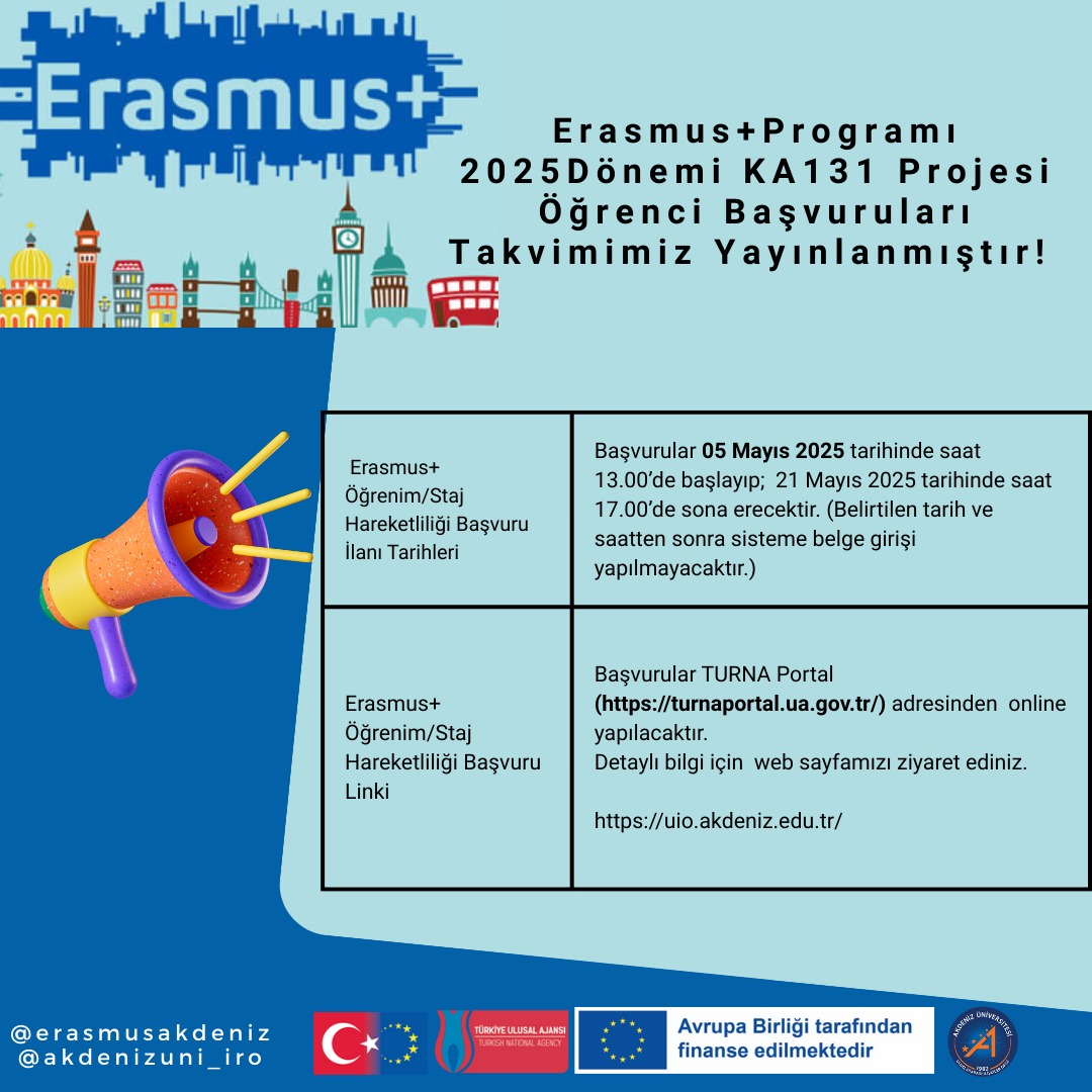 2025 KA131 Erasmus+ Öğrenim/Staj Hareketliliği Başvuru Takvimi İlanı - Fen Bilimleri Enstitüsü